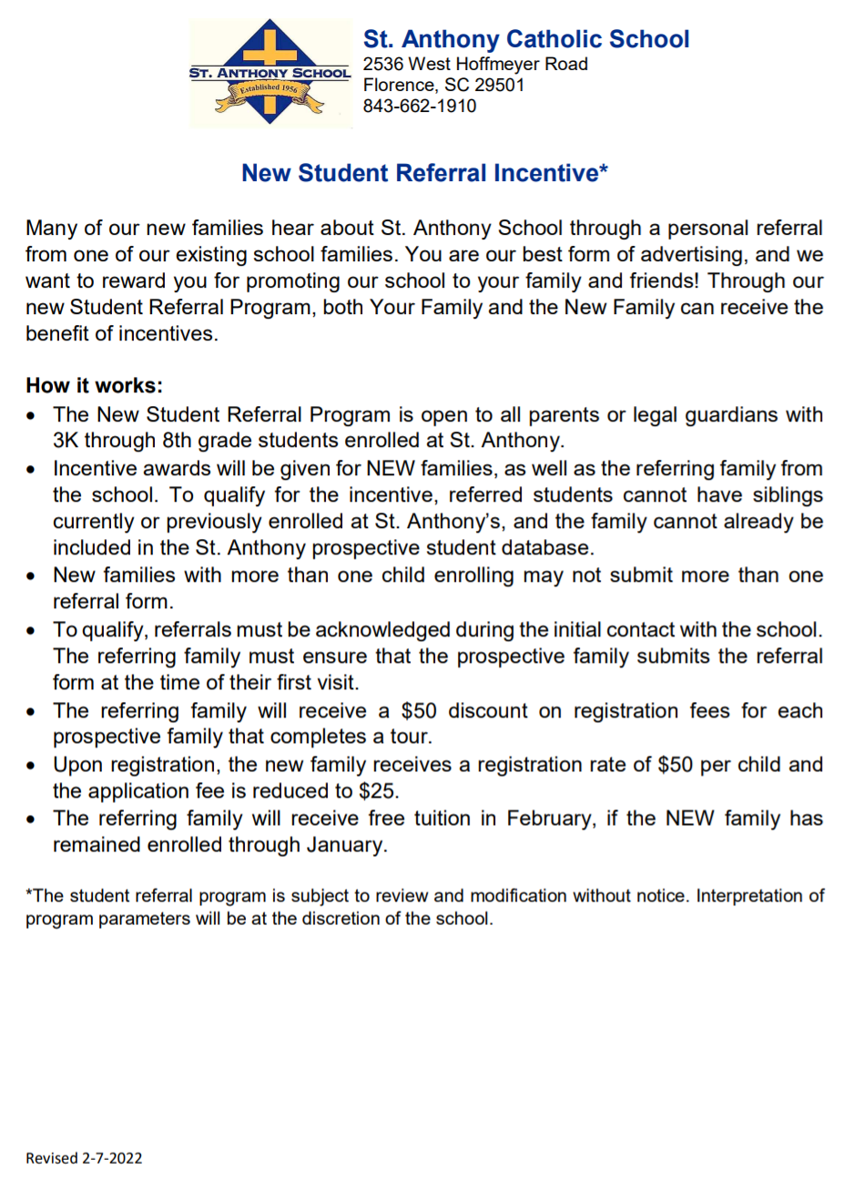 Recruitment Incentive - St. Anthony Catholic School